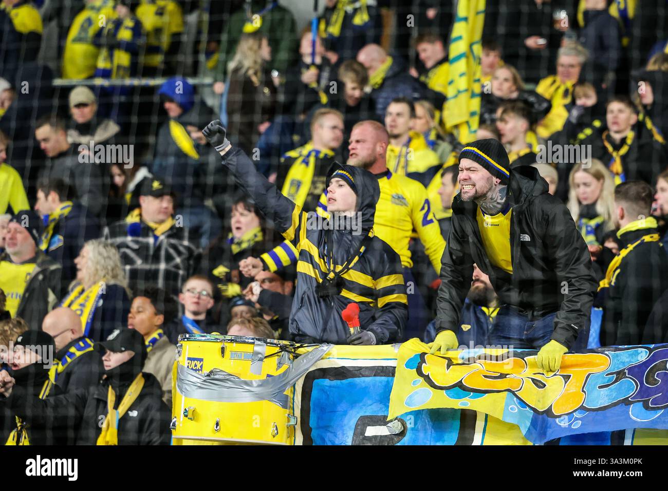 Brondby, Denmark. 16th Mar, 2025. Football fans of Broendby IF seen on ...