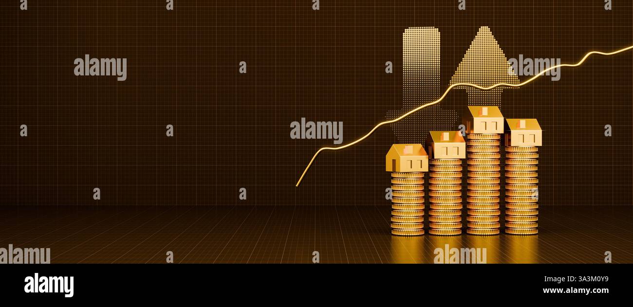 Rising prices for real estate concept: Houses on stacks of gold coins ...