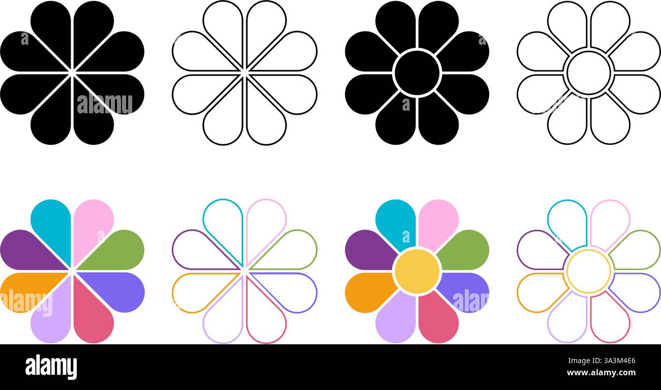 Set of different chamomile or gerbera flower silhouettes with 8 petals ...