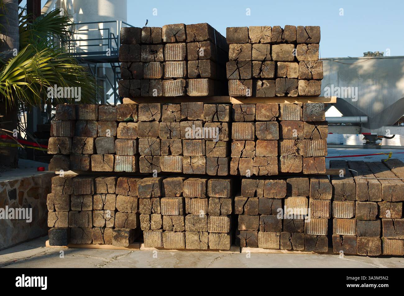Side view rectangle Stack of railroad ties. Awaiting installation or ...