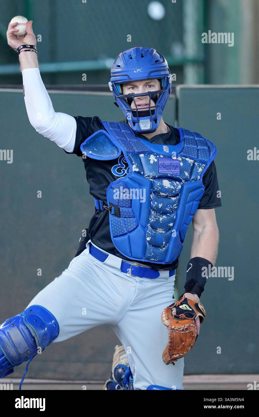 Catcher Peter Mershon (3) of the Eastside Eagles warms up the pitcher ...