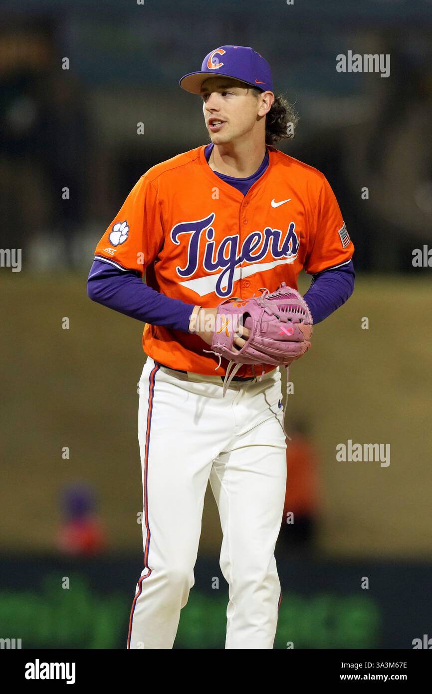 Pitcher B.J. Bailey (13) of the Clemson Tigers looks to his catcher for ...