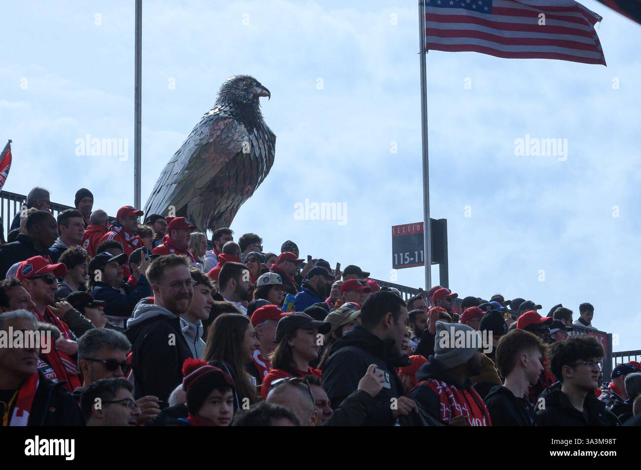 Toronto, ON, Canada - March 15, 2025: A giant metal statue of a Hawk ...