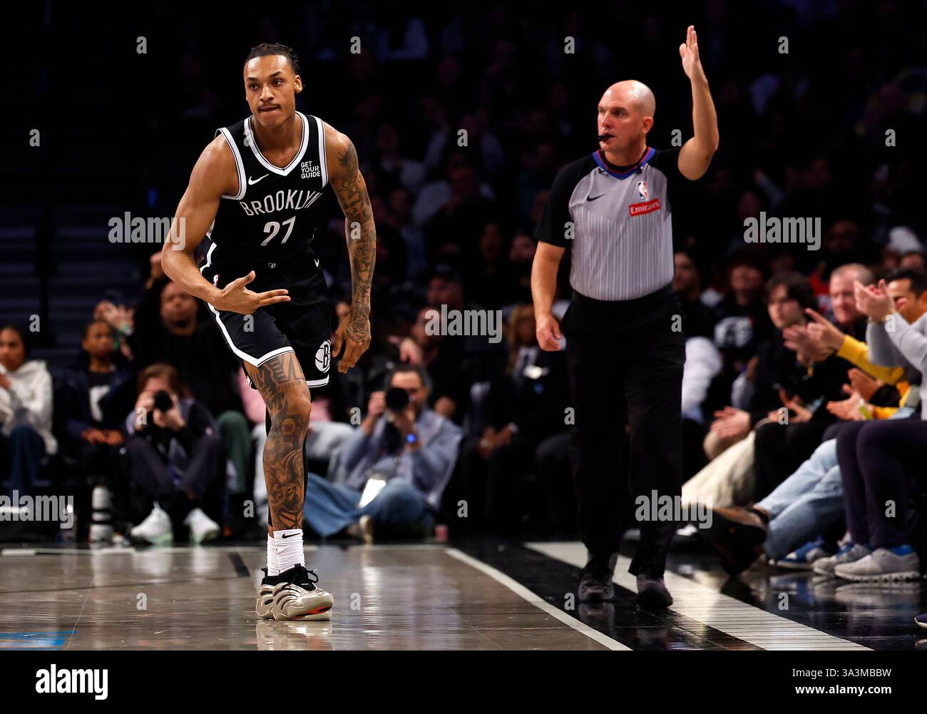 Brooklyn Nets forward Maxwell Lewis (27) reacts after making a three ...