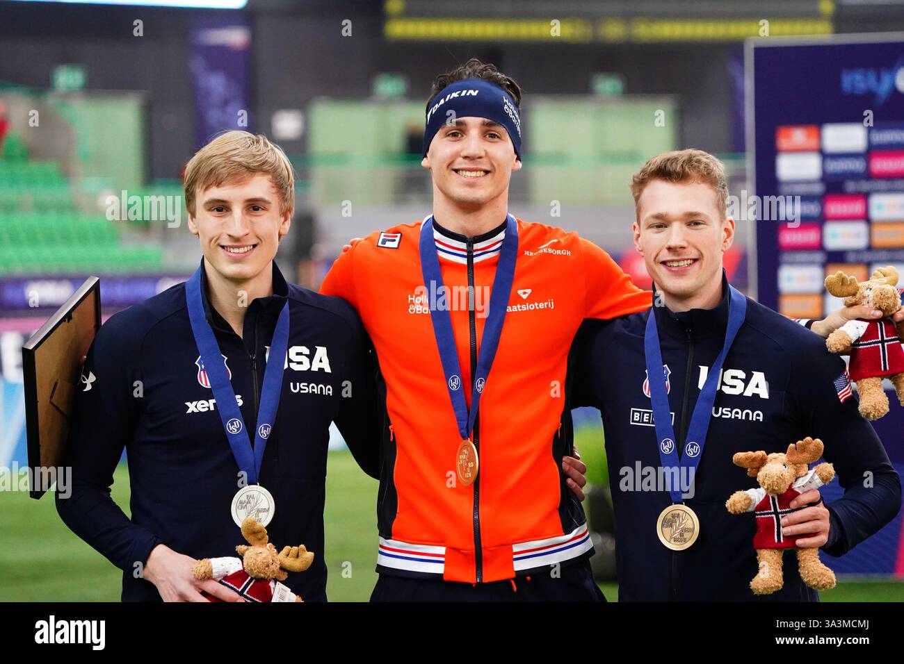 L-R Jordan Stolz (USA) , Jenning de Boo (NED) and Cooper Mcleod (USA ...