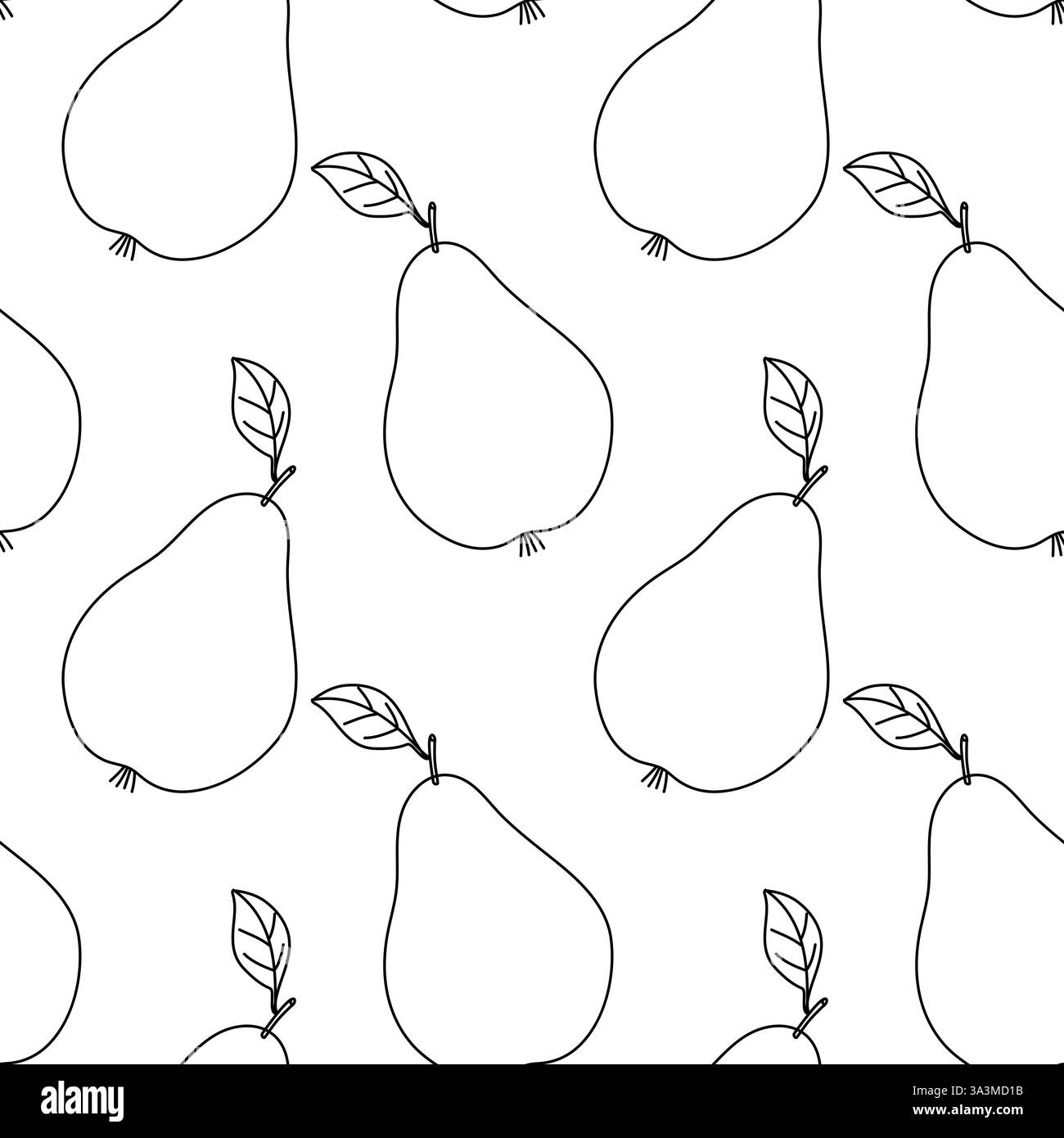 The background showcases a repeating pattern of line-drawn pears with ...