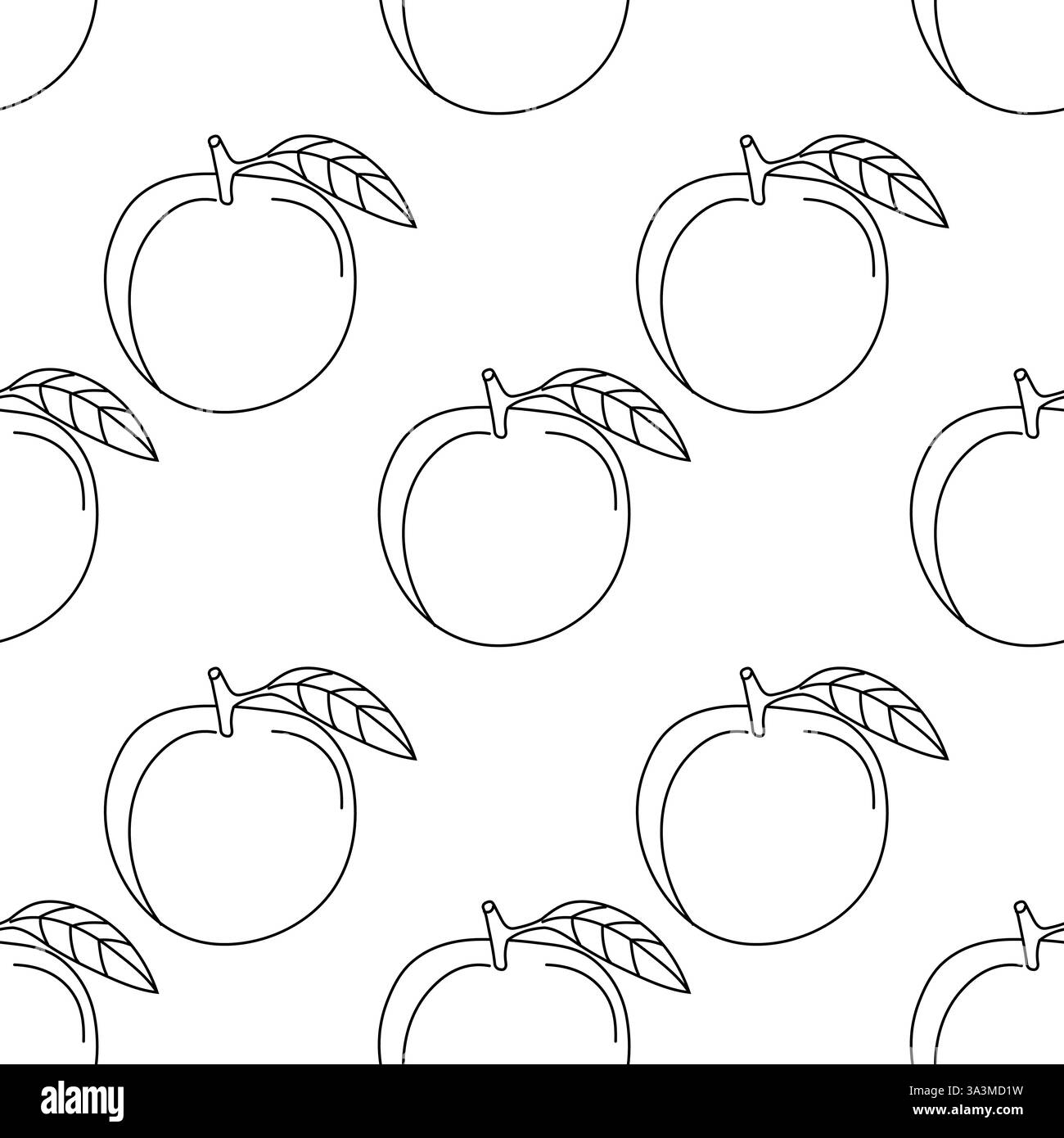 Fruit pattern with simple line drawings of peaches on a white ...