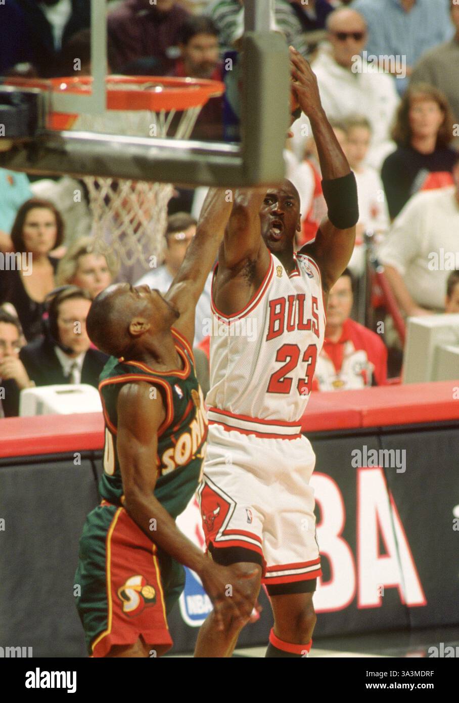 NBA superstar Chicago Bull Michael Jordan is shown in action against the Seattle Supersonics in ...