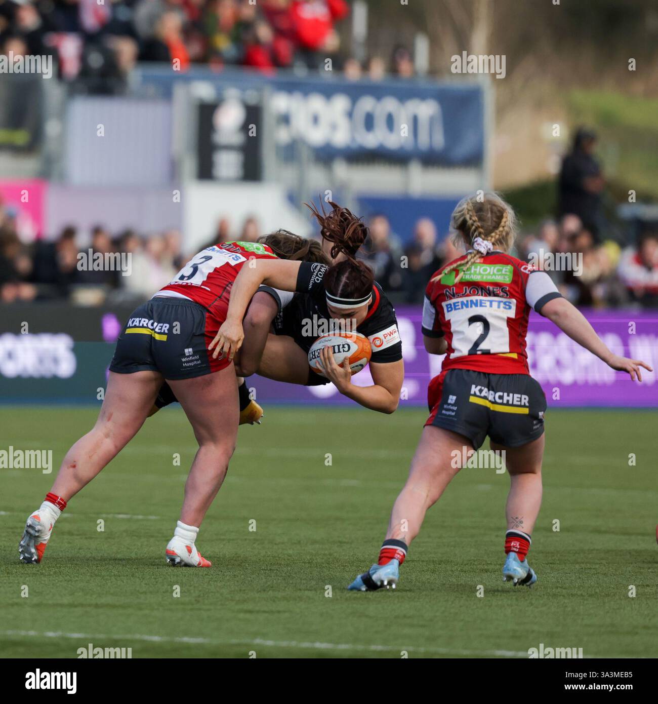 London, UK. 16th March 2025. Bryony Field (Saracens) tackled by Maud ...