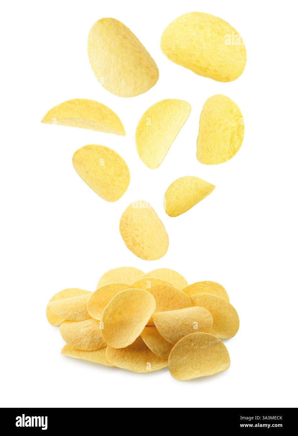 Tasty potato chips falling on white background Stock Photo - Alamy