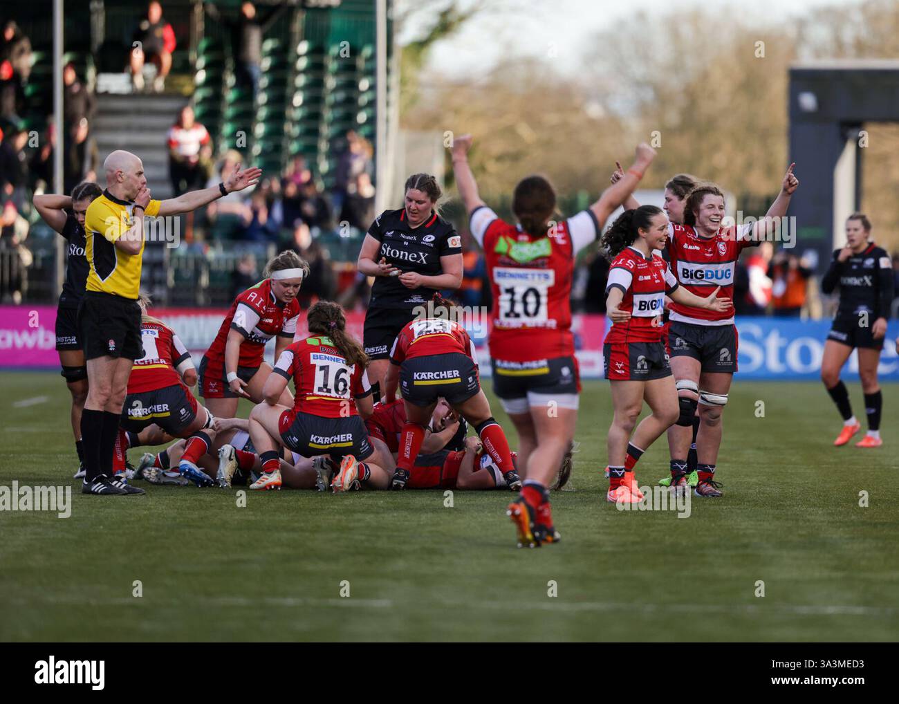 London, UK. 16th Mar, 2025. Gloucester-Hartpury players celebrate ...