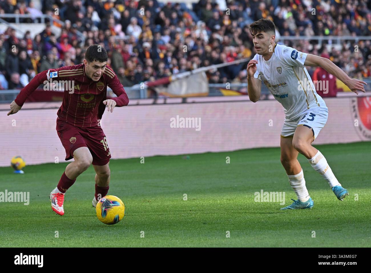 Matias Soule of AS Roma (L) and Adam Obert of Cagliari (R) seen in ...