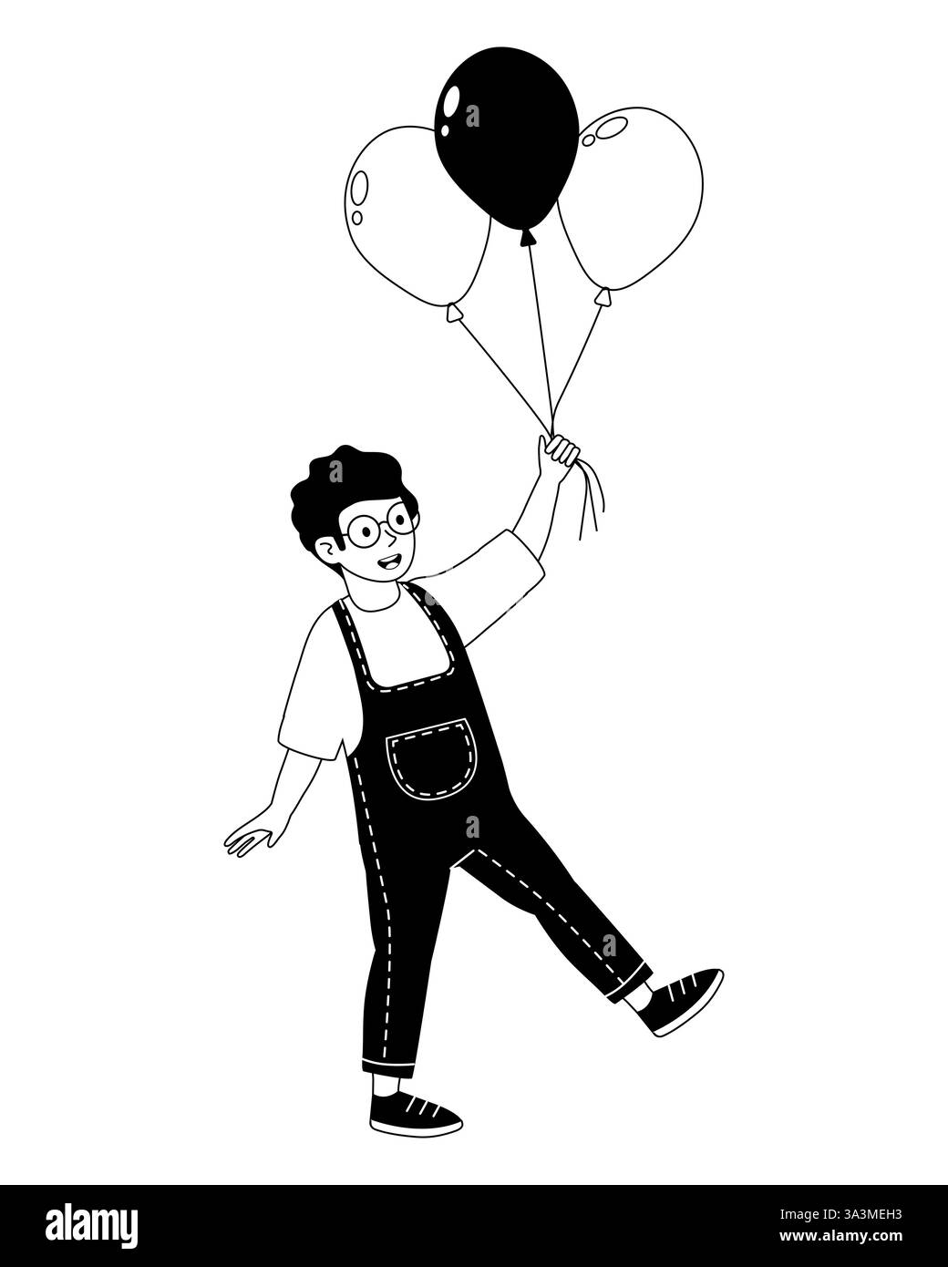 A child in overalls joyfully walks while holding a bundle of balloons ...