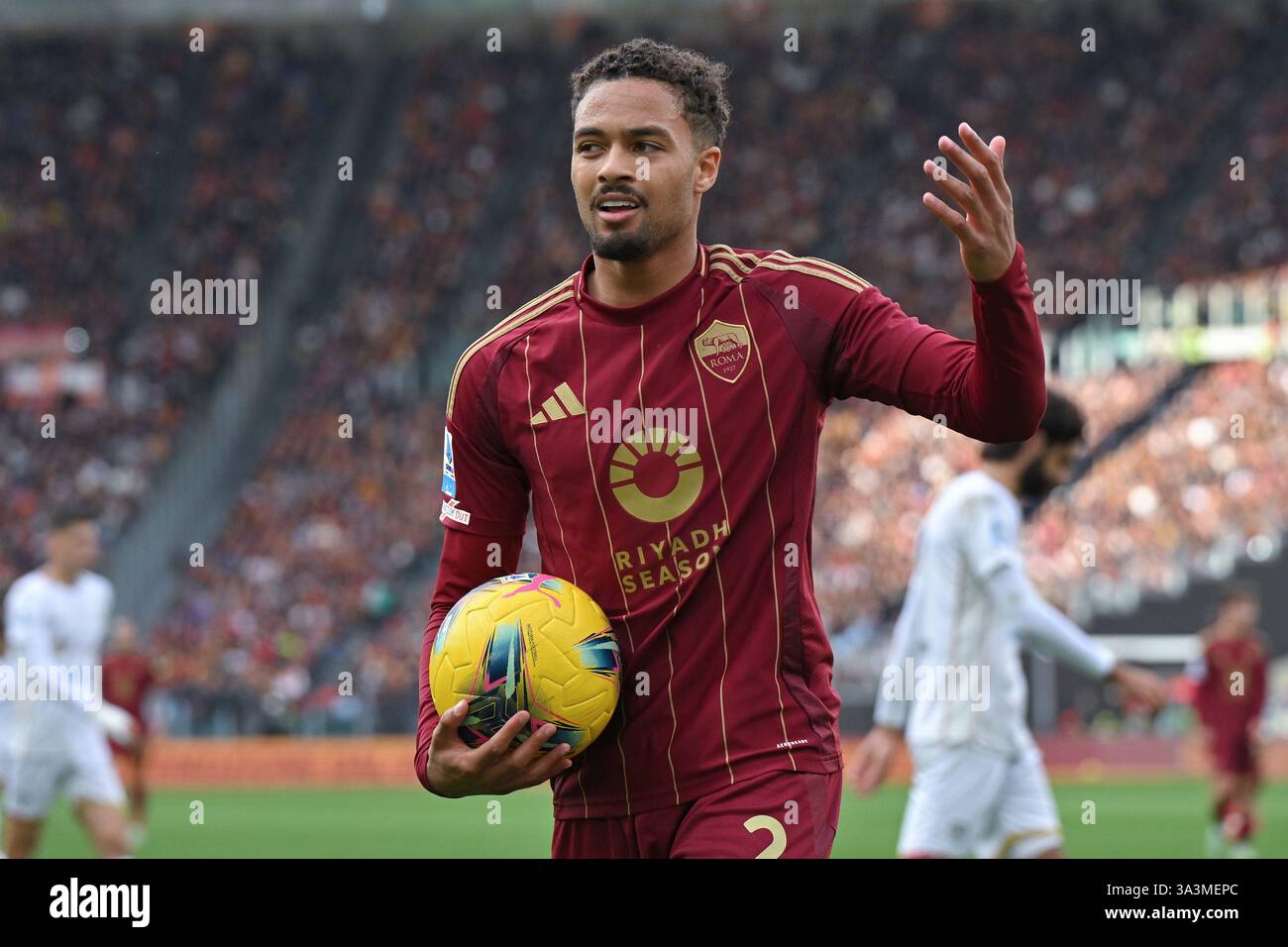 Rome, Italy. 16th Mar, 2025. Devyne Rensch of AS Roma seen in action ...