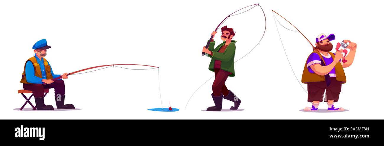 Fisherman cartoon set of different men with fishing rods. Elderly ...