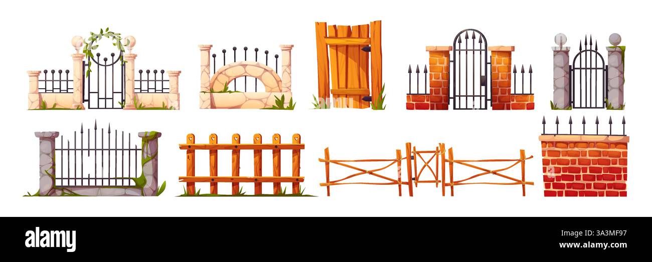 Wooden and stone fences set isolated on white background. Vector ...