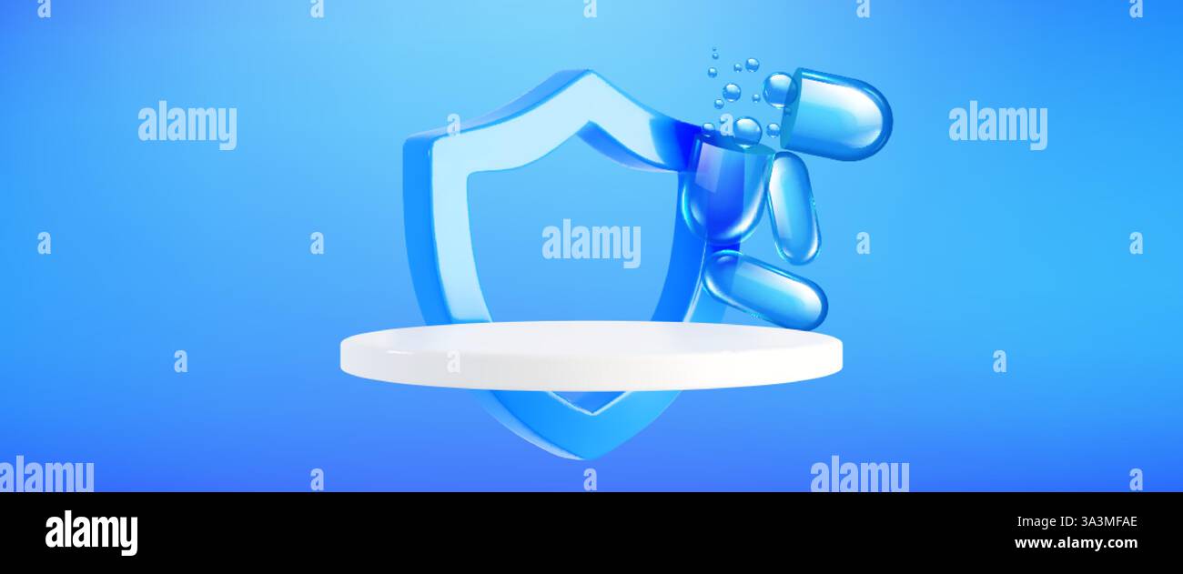 White circular podium with 3d medical elements - blue shield and glossy ...