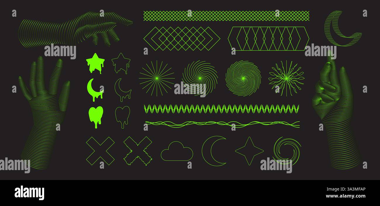 Y2k aesthetic element pack with neon green designs on black - contoured ...