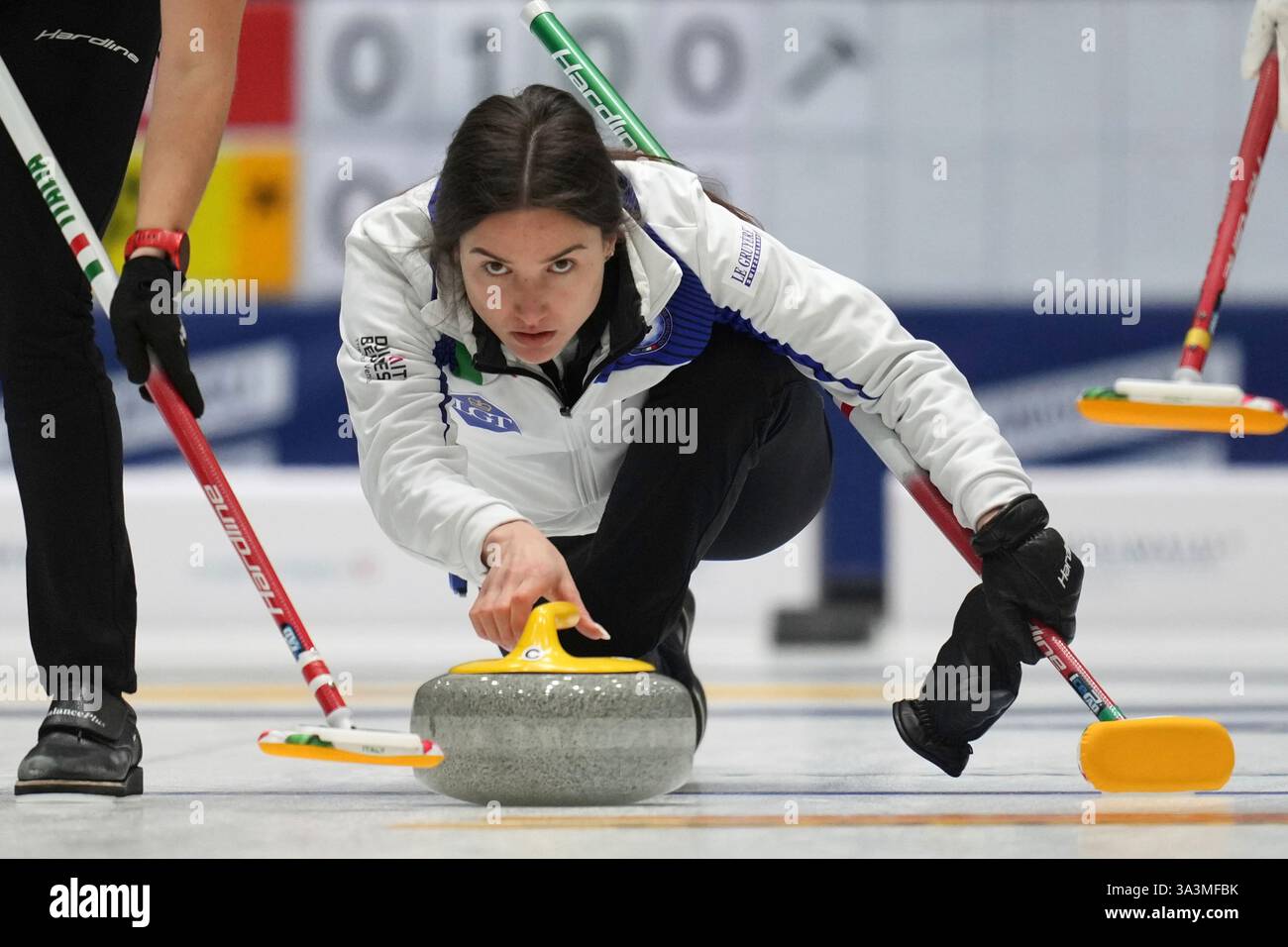 Italy's skip Stefania Constantini releases the stone during the match ...
