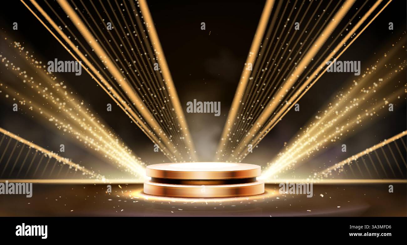 Black luxury podium with golden light beams radiating outward on dark ...