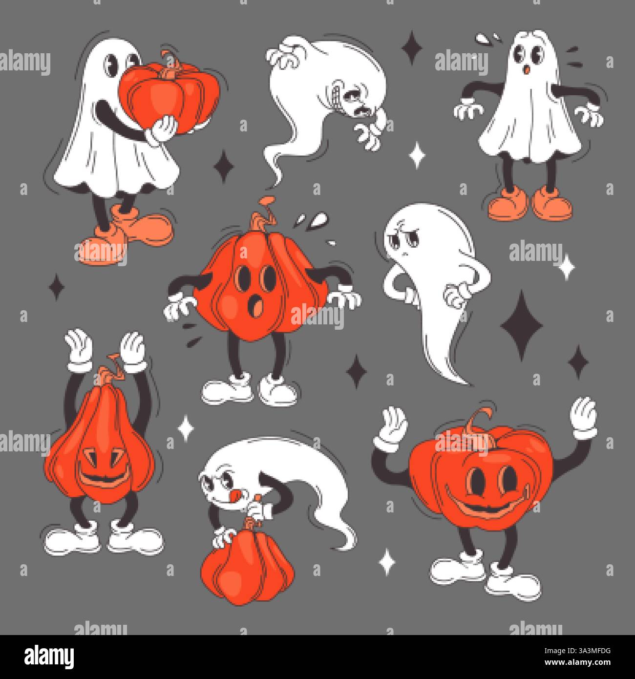 Groovy ghost characters with pumpkin lantern. Cute animated spirits in ...
