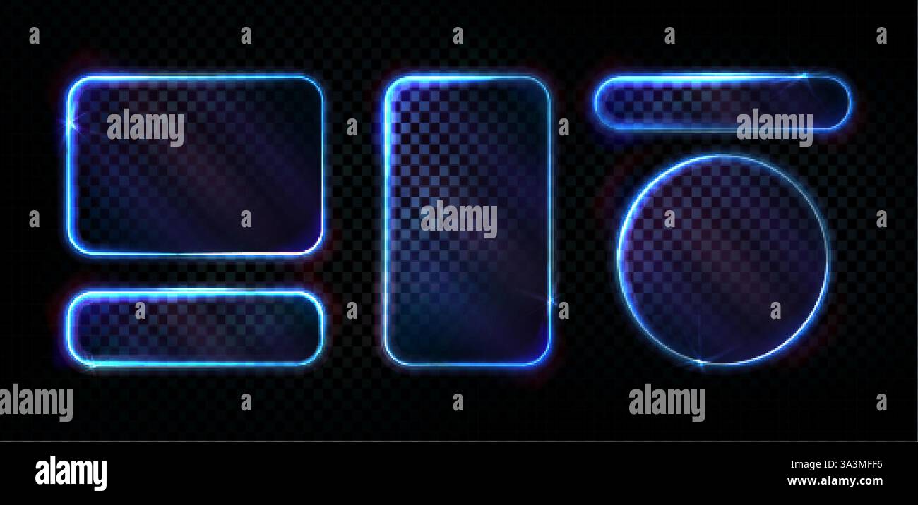 Neon light frames set with glowing blue borders on transparent ...