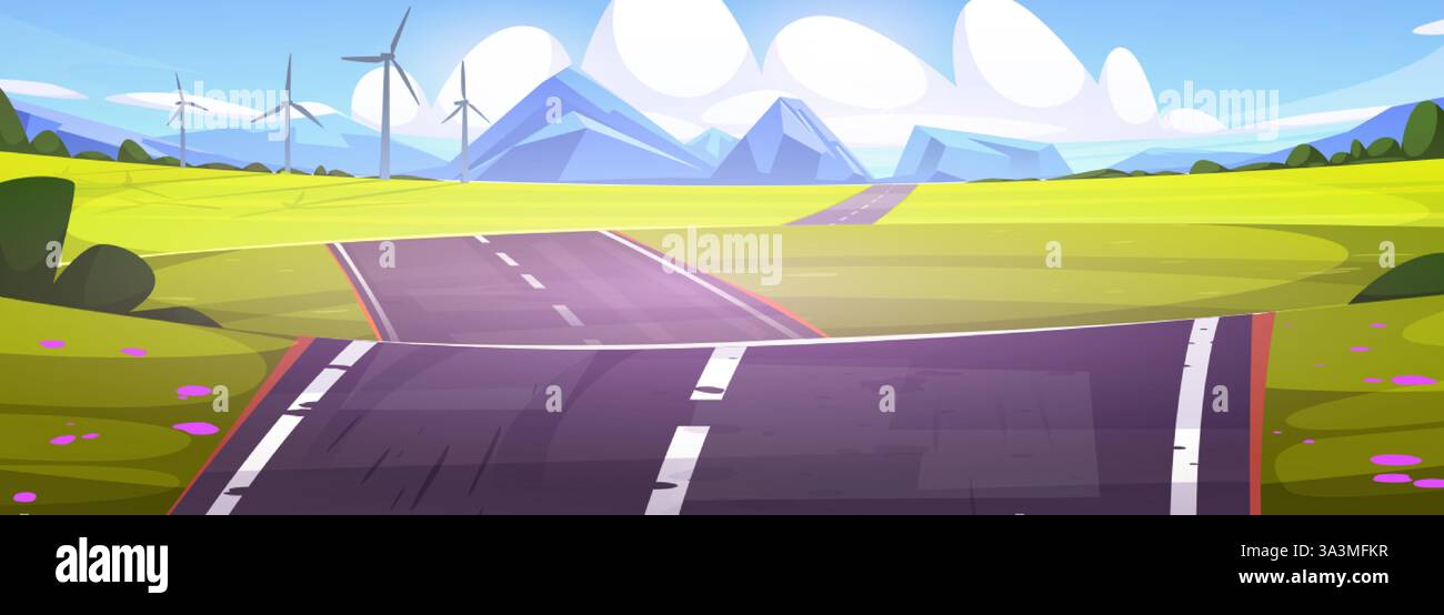 Road through green fields toward mountains with wind turbines and pink ...