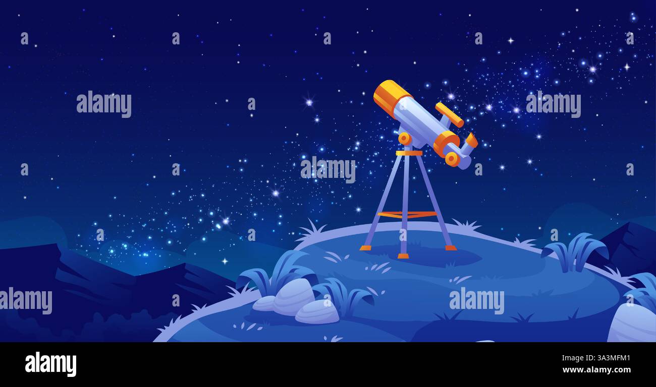 Cartoon telescope on tripod on starry space background. Deep blue night ...