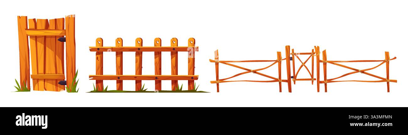 Cartoon wooden gate and fence set of brown barriers. Rural rustic ...