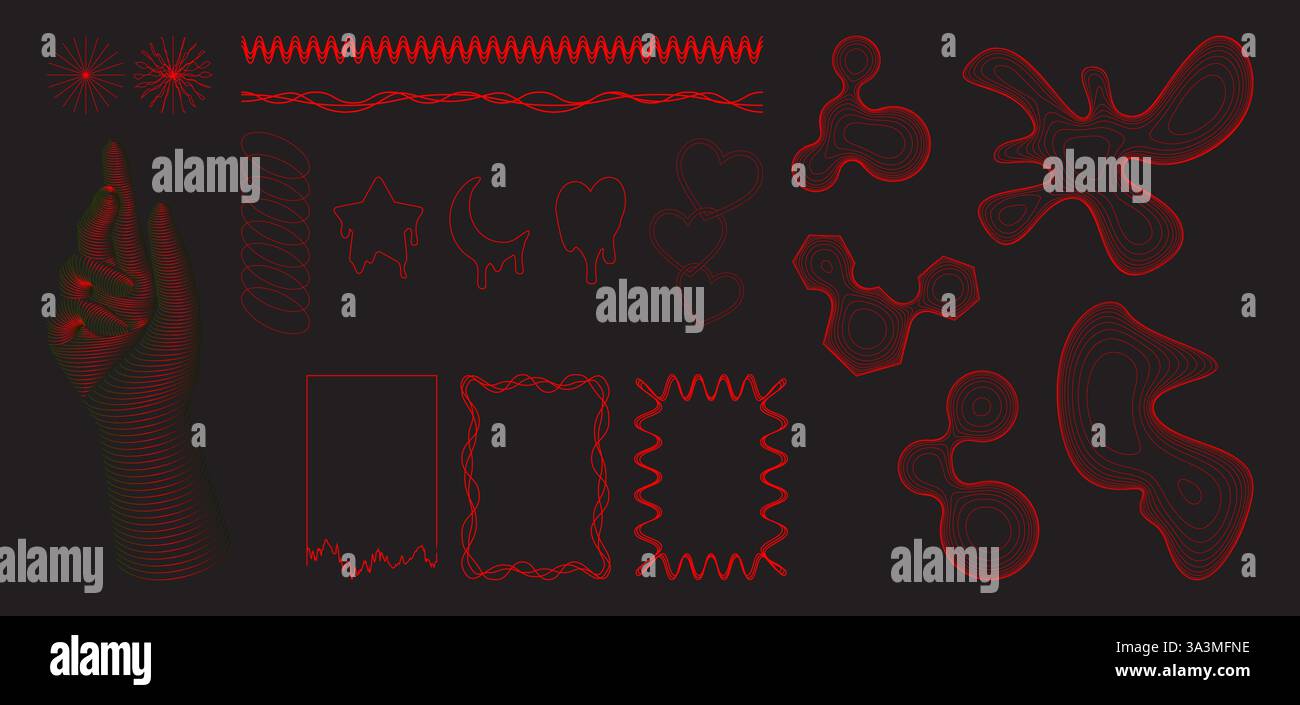 Abstract y2k grid shapes set isolated on black background. Vector ...