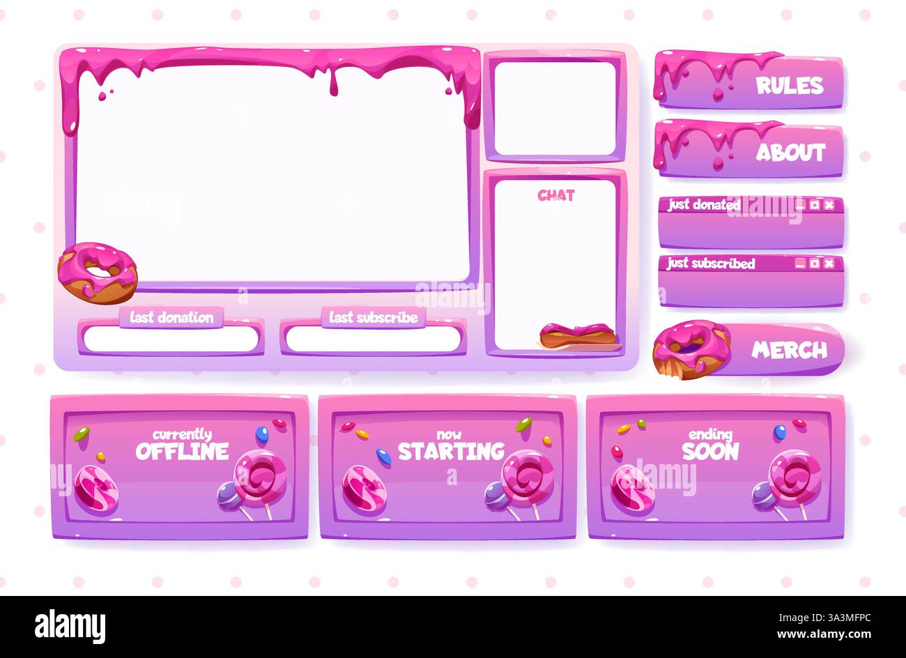 Stream overlay screen set - sweet dessert elements with dripping frames ...