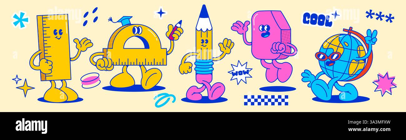 Groovy school supplies cartoon characters. Cheerful retro ...