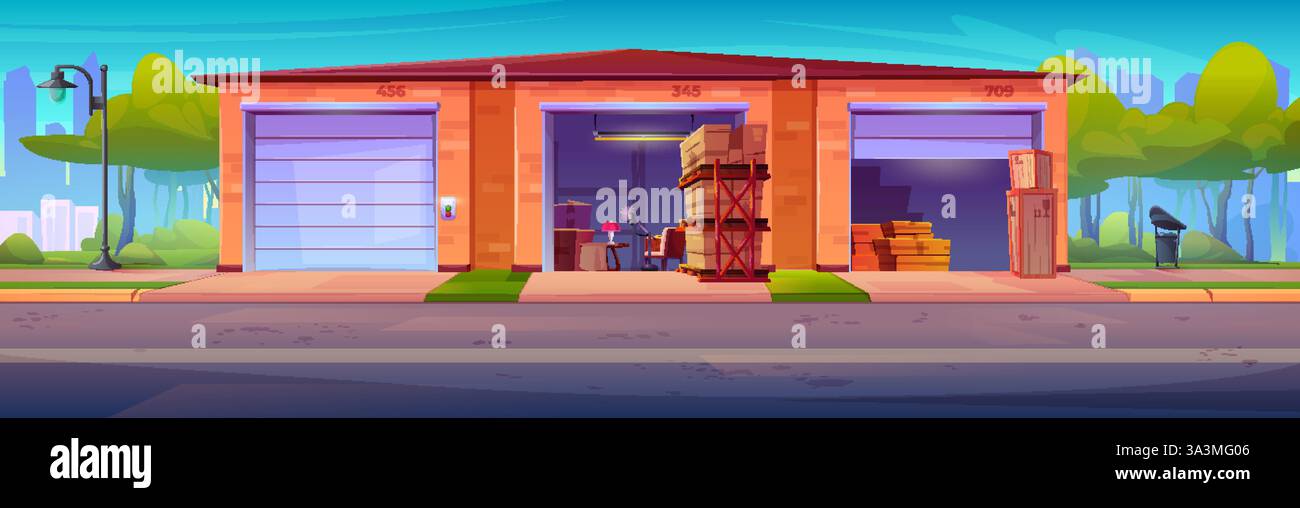 Self storage facility exterior - three rental units with numbered doors ...