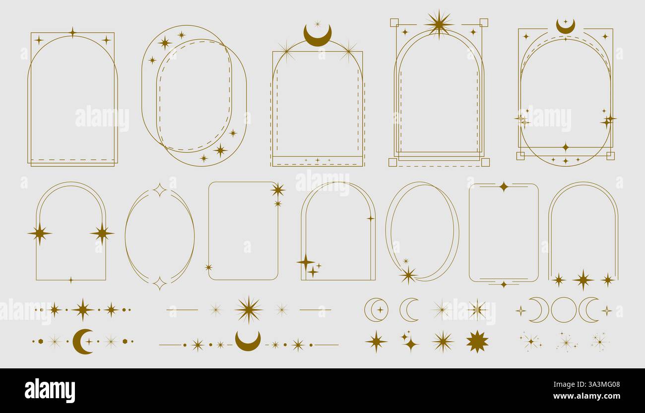 Y2k gold frames with cosmic elements - stars, moons and sparkles. Elegant borders in arch ...