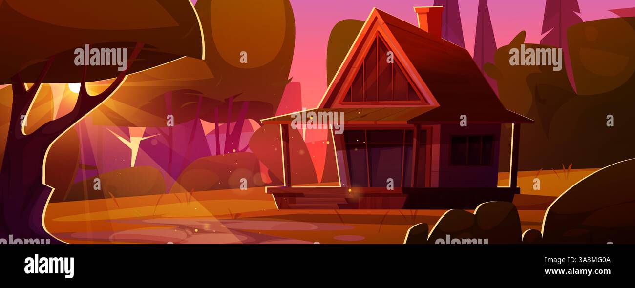 Log cabin in forest at sunset with pink sky. Wooden structure with ...