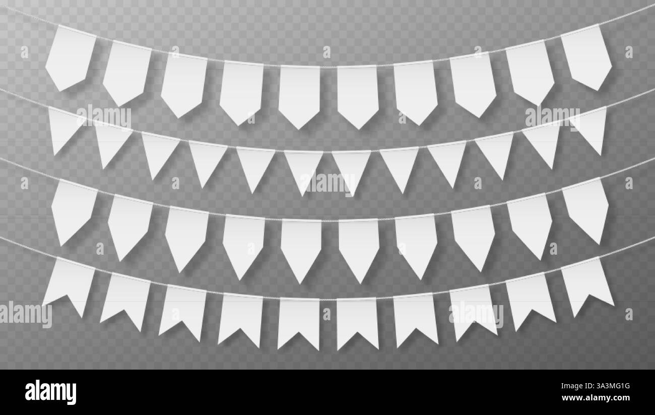 Paper garland set with white triangular, rectangular and pennant flags ...