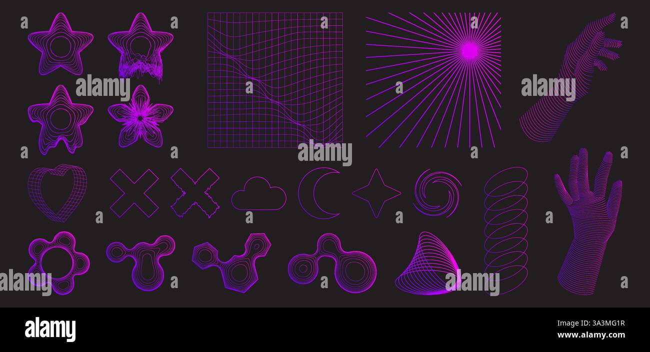 Y2k wireframe elements set with neon purple and pink gradient stars ...