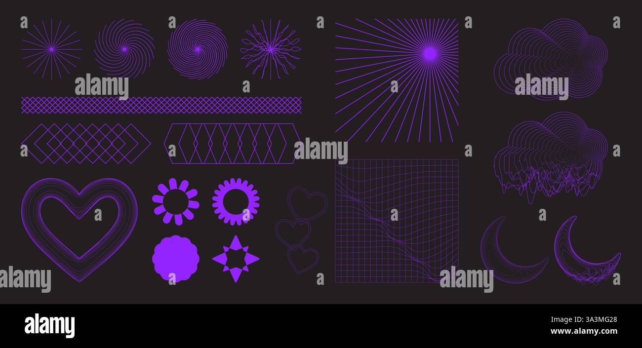 Y2k aesthetic grid element set with glowing purple neon shapes on dark ...