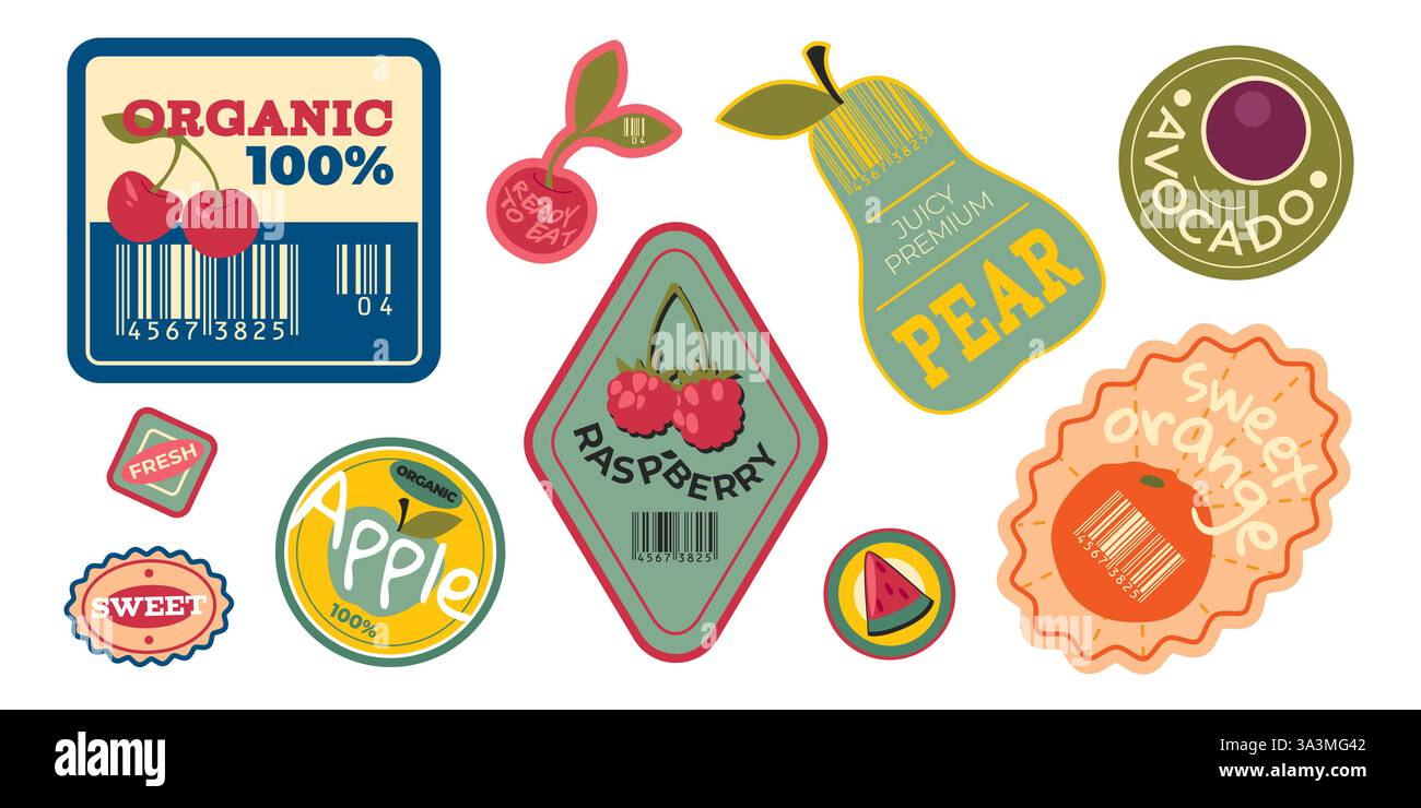 Retro fruit sticker collection - vintage tags in form of cherry and ...