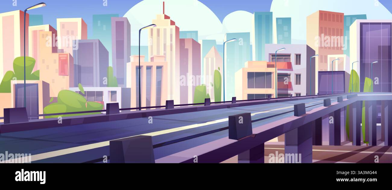 Highway bridge in cartoon urban landscape with modern skyscrapers ...