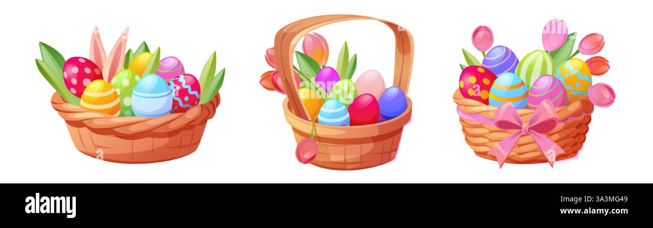 Easter baskets set isolated on white background. Vector cartoon ...