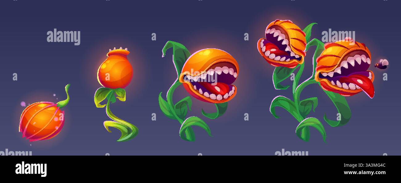 Growth stages of carnivorous monster plant - glowing orange bud ...