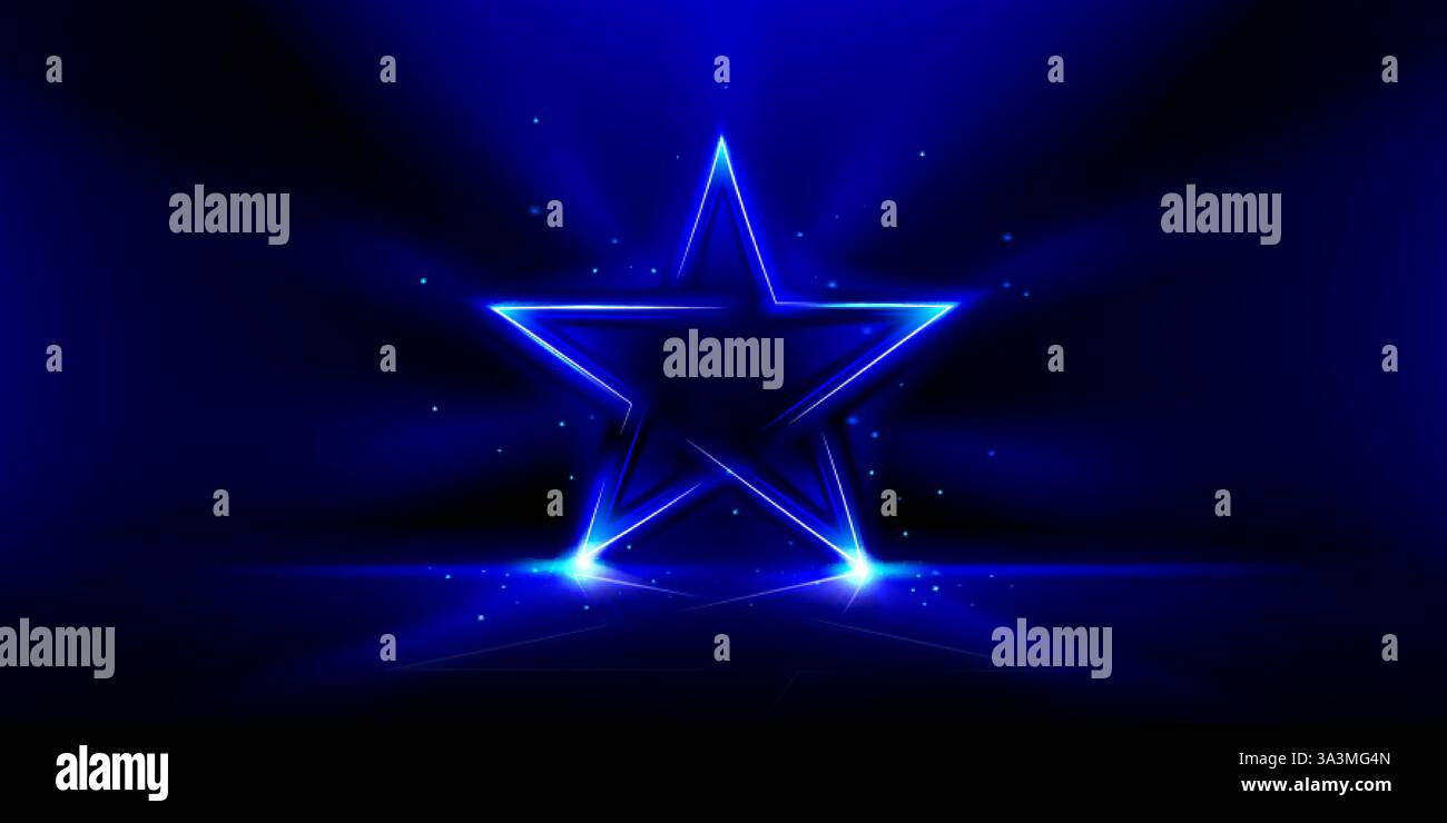 Neon blue glowing star shape on dark background. Electric outline with ...
