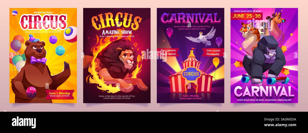 Cartoon circus posters set with performing animal characters - juggling ...