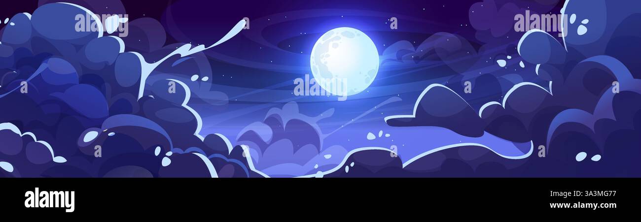 Anime styled night sky panorama with glowing full moon in deep blue ...