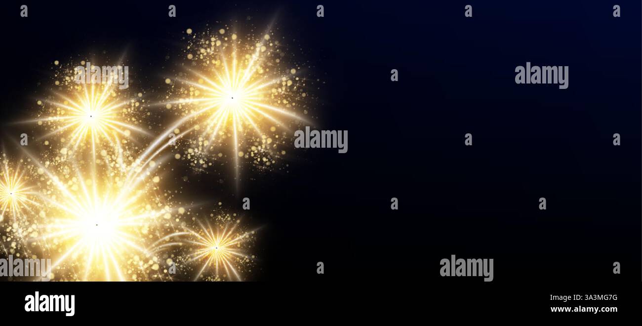 Golden firework lights isolated on black background. Vector realistic ...