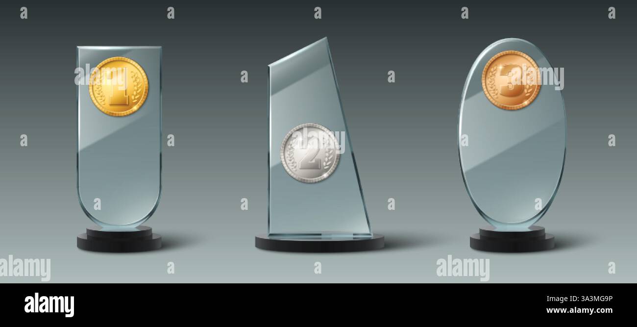 Glass trophy collection decorated with ranking medals - gold first ...