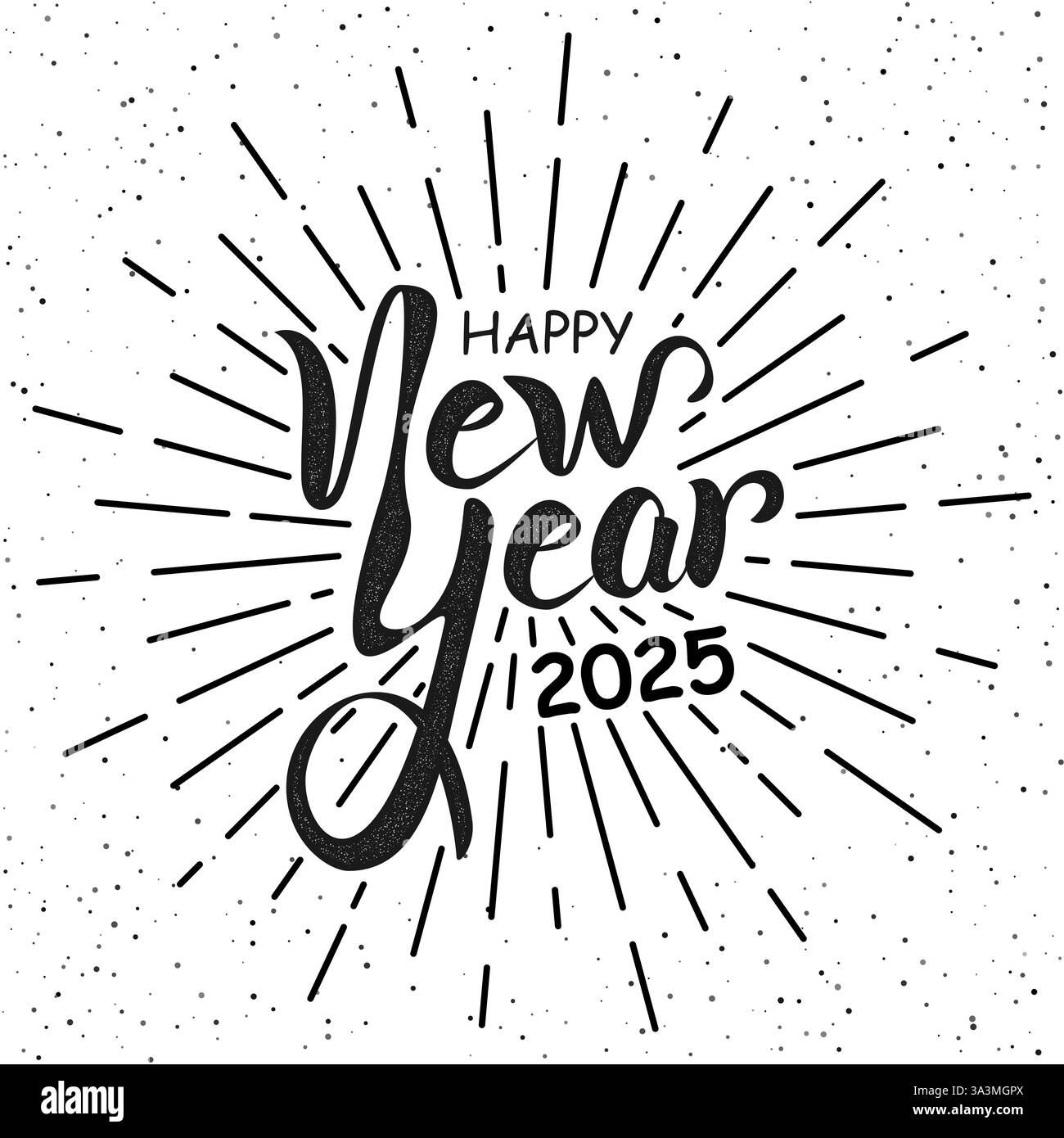 Happy New Year 2025 hand lettering in black white retro vector style ...