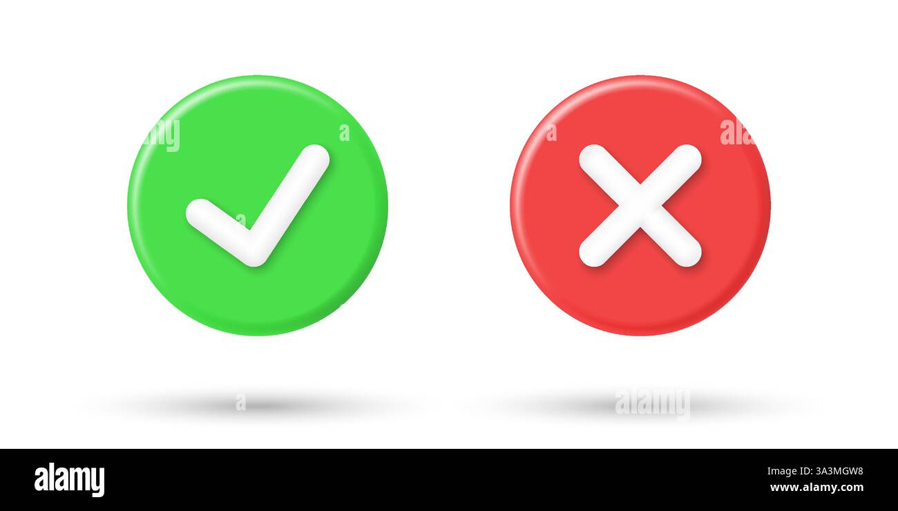 Realistic green check mark and red cross mark 3d icon buttons. Vector circle checkmark objects ...