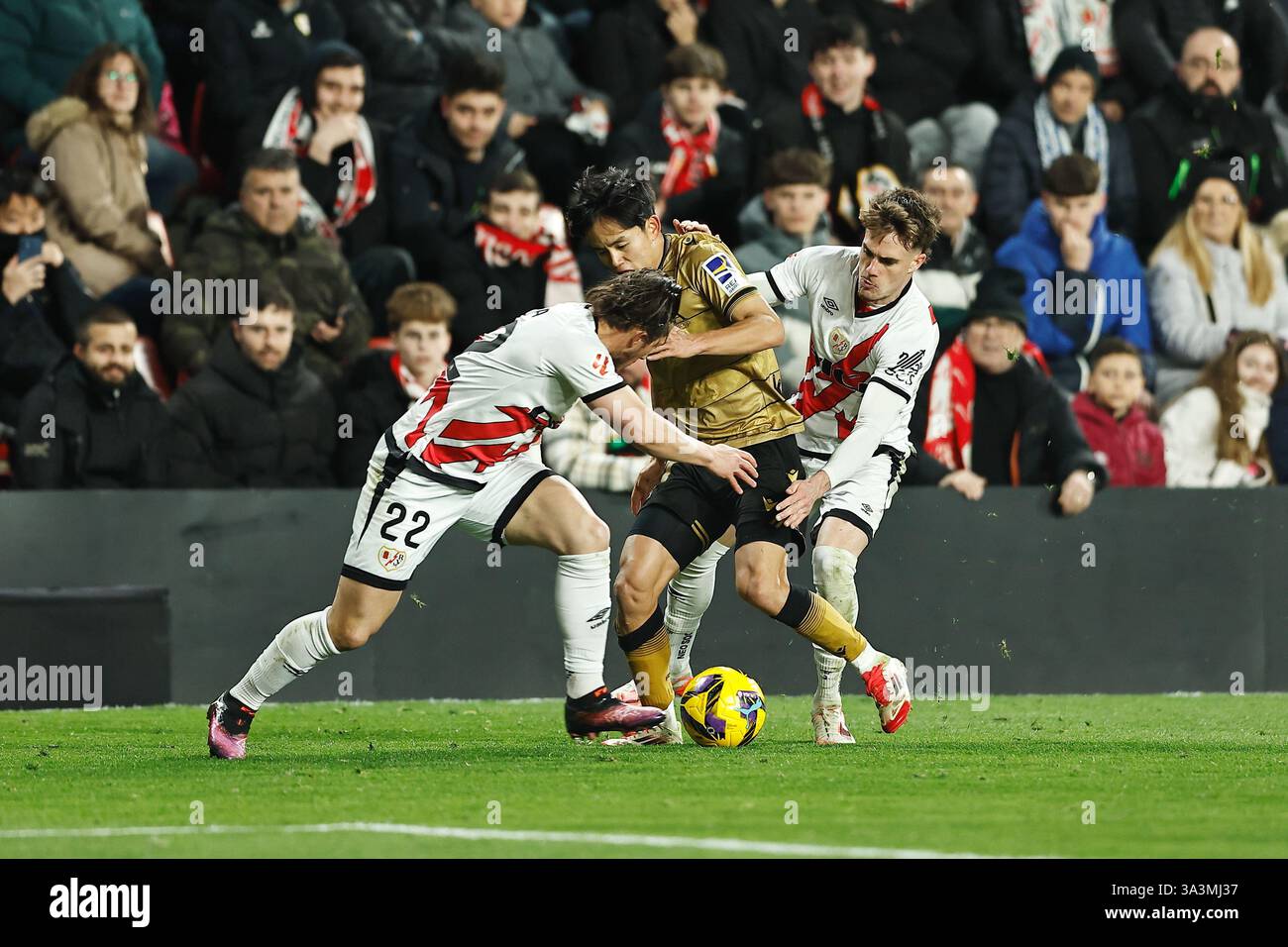 Madrid, Spain. 16th Mar, 2025. (L-R) Alfonso Espino (Rayo), Takefusa ...